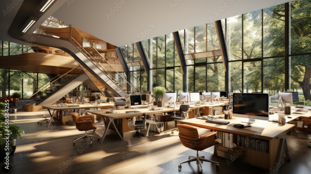 Modern open space two level office with no employees in luxury building ...