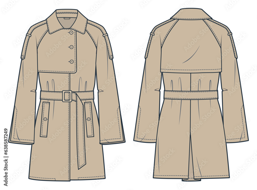 Trench Coat technical fashion Illustration. Belted Raincoat fashion ...