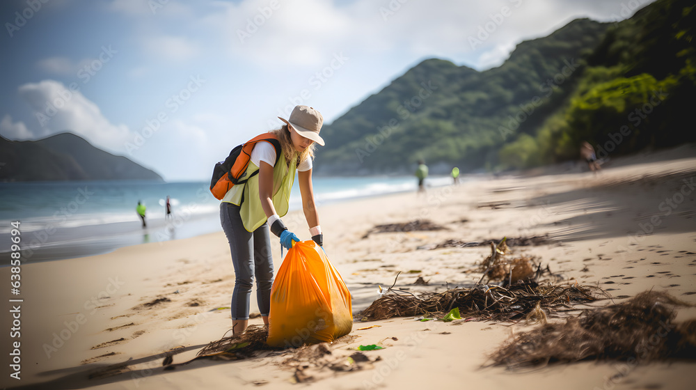 Une personne en train de ramasser des déchets plastiques sur une plage ...