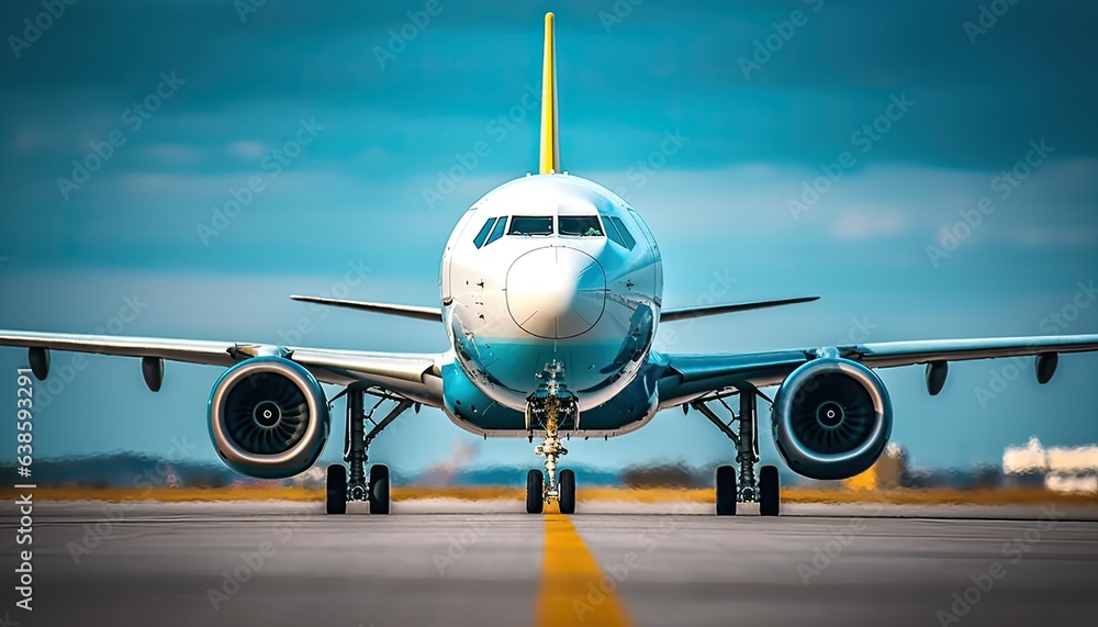 Jet plane on the blue sky background of a taxiway. Front view from eye ...