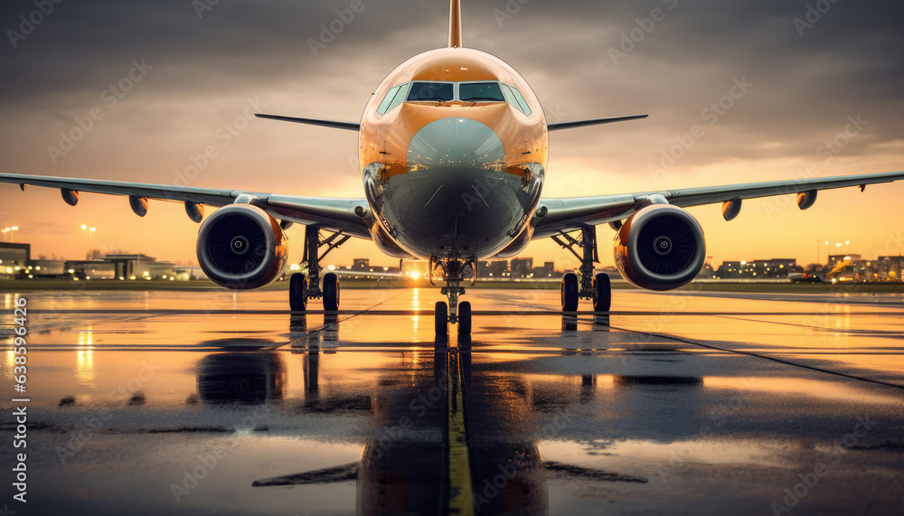 Jet plane on the dark sky background of a taxiway. Front view from eye ...