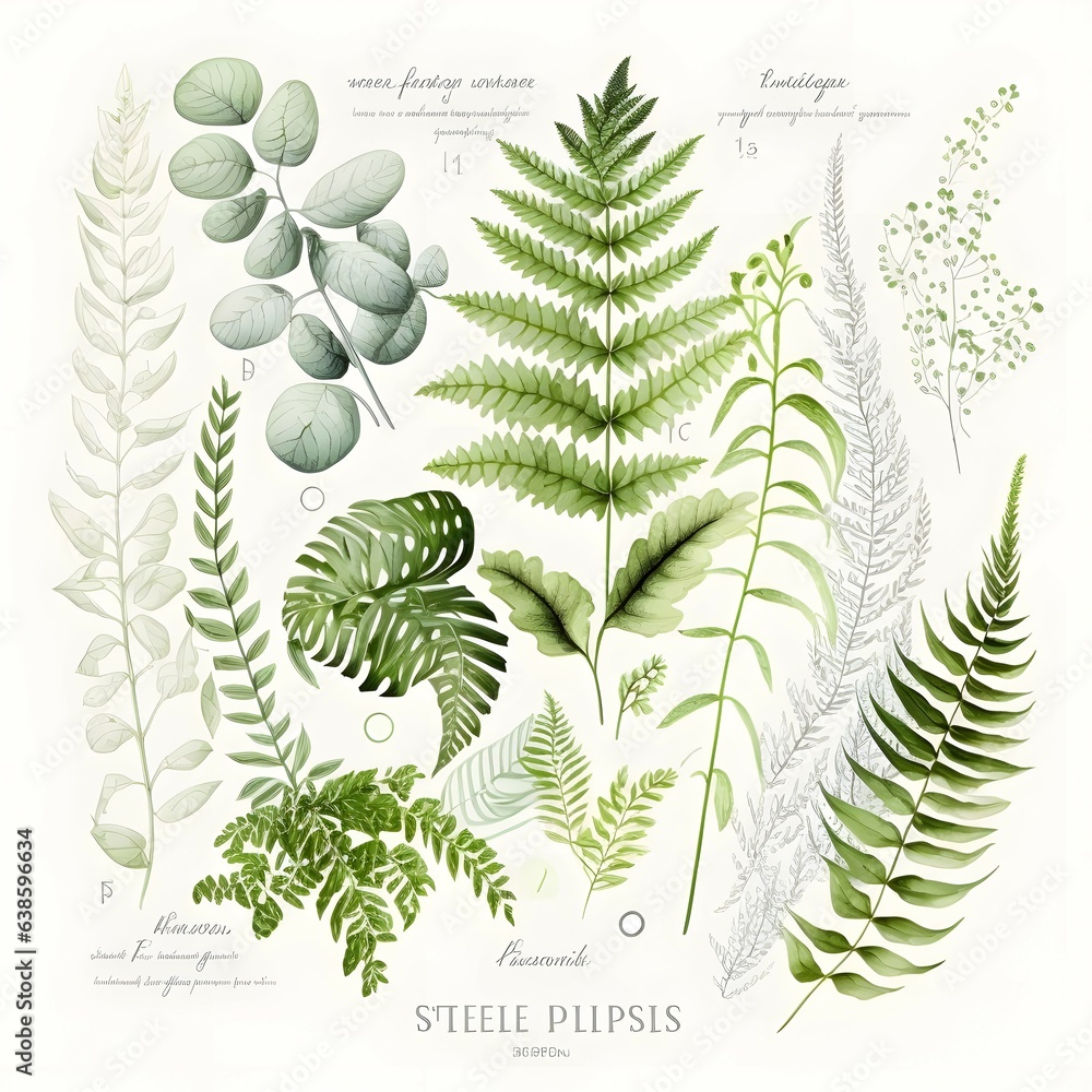 types of ferns, botanical illustration, white background, style of ...