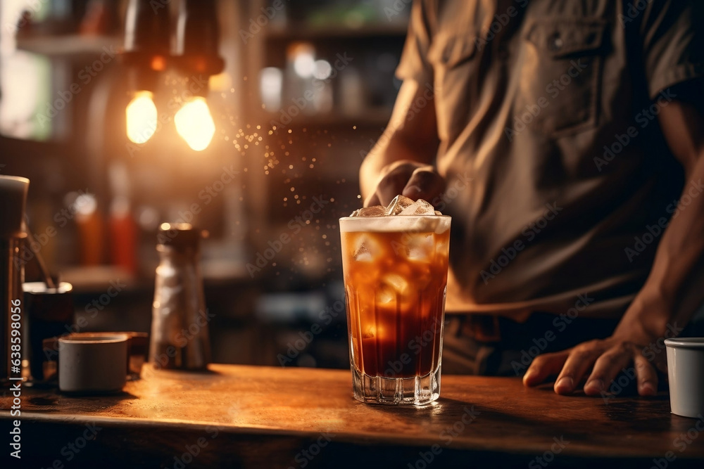 Pouring ice coffee in a coffee shop, a cozy concept. Generative AI ...