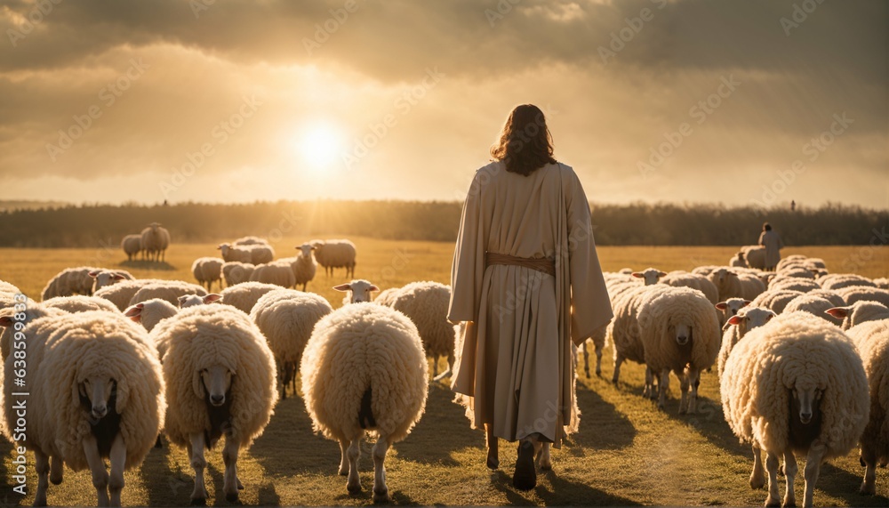 Jesus Christ the shepherd leading sheep and praying to God in a field ...