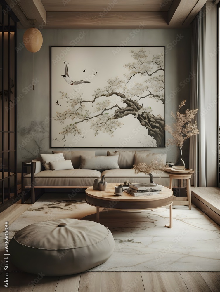 modern living room design with neutral furnishings, in the style of ...