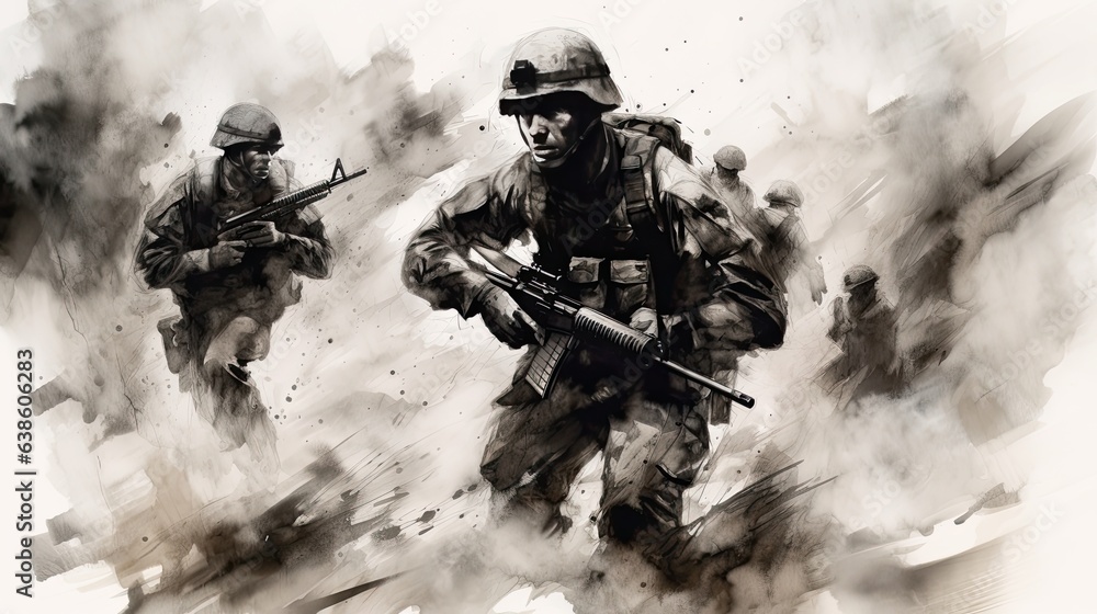 ภาพประกอบสต็อก Combat infantry attack the enemy. Fully equipped ...