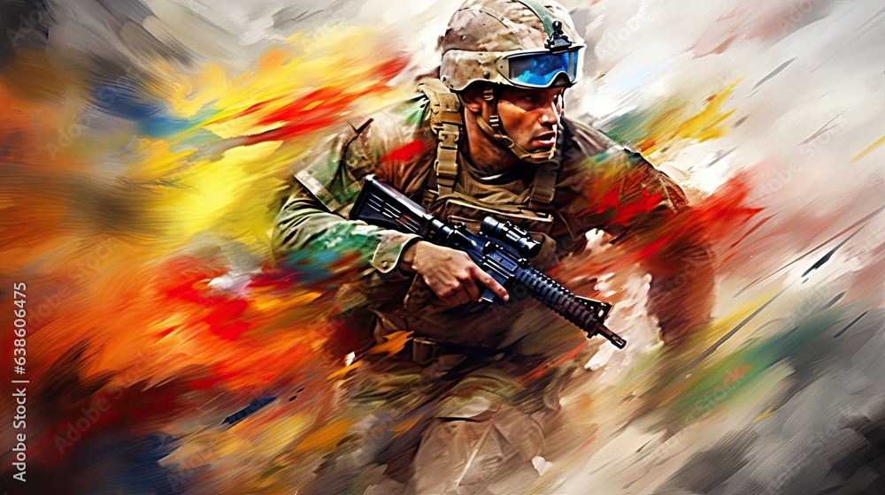 A combat infantry soldier attacks the enemy. A fully equipped warrior ...