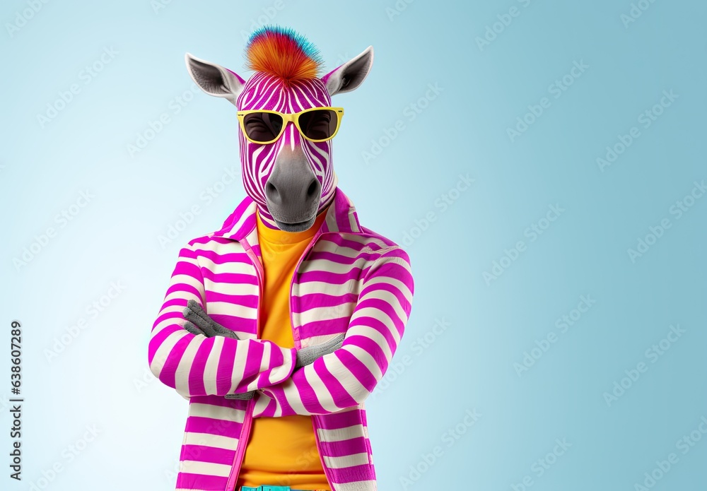 A humanized zebra in a windbreaker and goggles. Anthropomorphic stylish ...