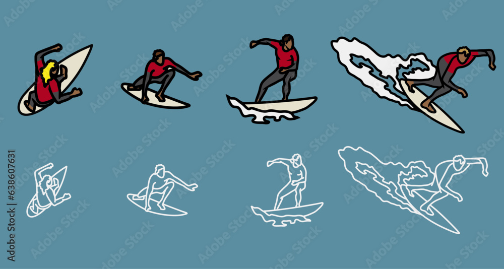 Vector surfers, surfing characters riding surfboards in competition ...
