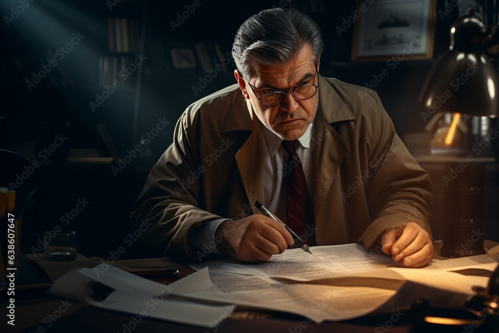 mature middle-aged caucasian man with silver hair and glasses writing ...