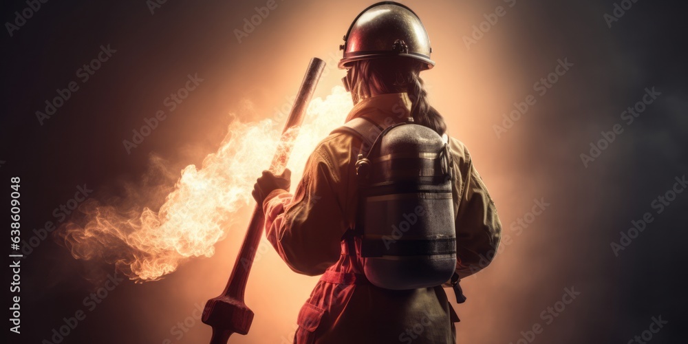 Firefighting Heroism: Female Firefighter in Uniform Holds Red Fire Hose ...