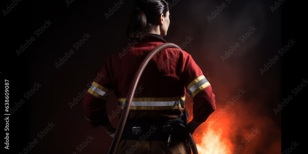 Firefighting Heroism: Female Firefighter in Uniform Holds Red Fire Hose ...