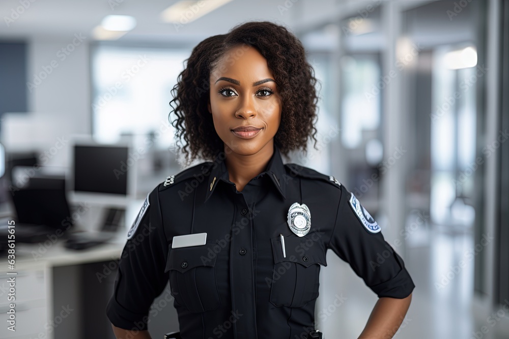African American woman police officer standing in office. Stock Photo ...
