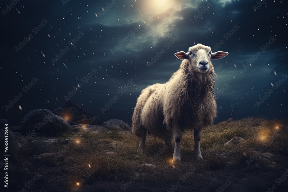 One missing sheep at night. Bible concept for Jesus looking for lost ...