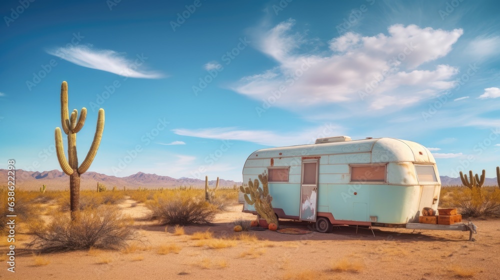 Old style retro caravan abandoned in the desert with sand and cactus ...