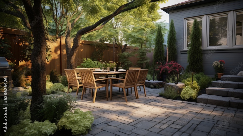 A beautiful small, urban backyard garden featuring a tumbled paver ...