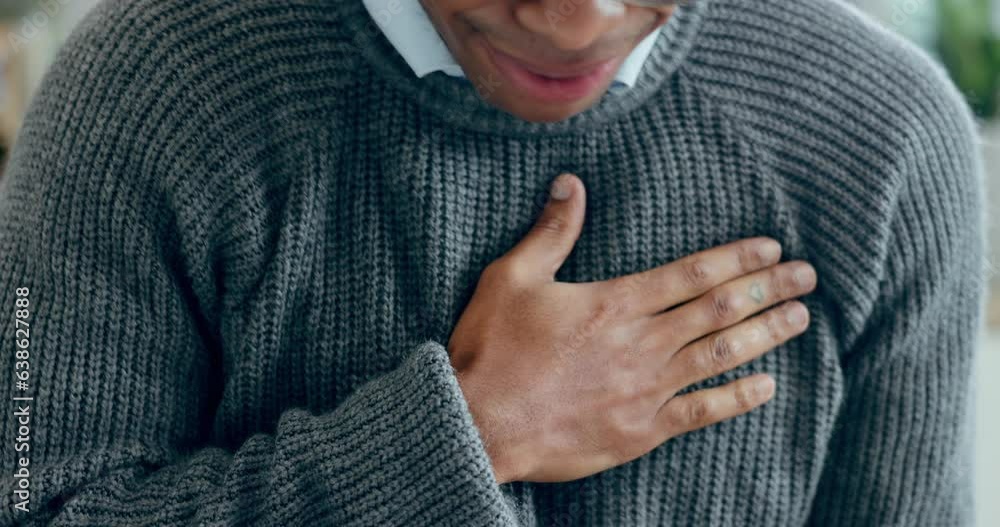 Sick, cough and man with pain in chest, cold and bacteria of virus ...