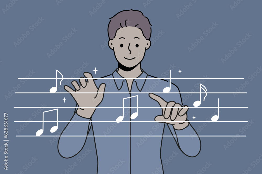 Man conductor moves hands, standing near imaginary notes and comes up ...