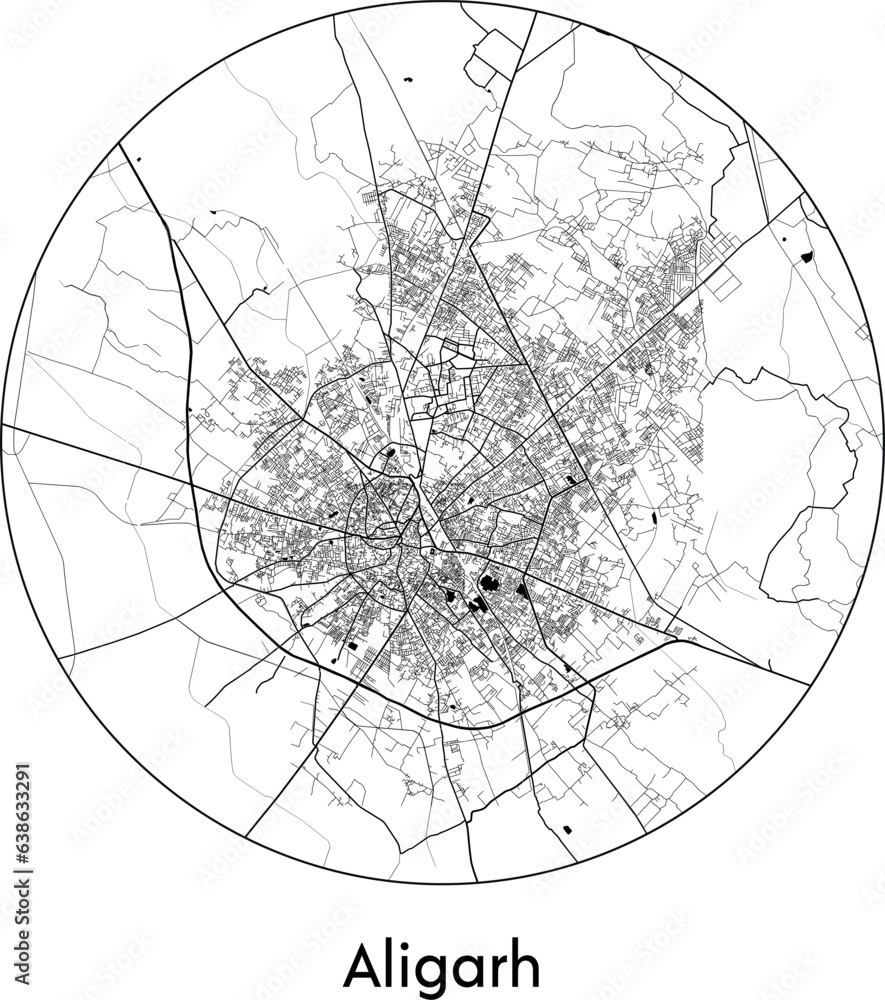 Minimal City Map of Aligarh (India, Asia) black white vector ...