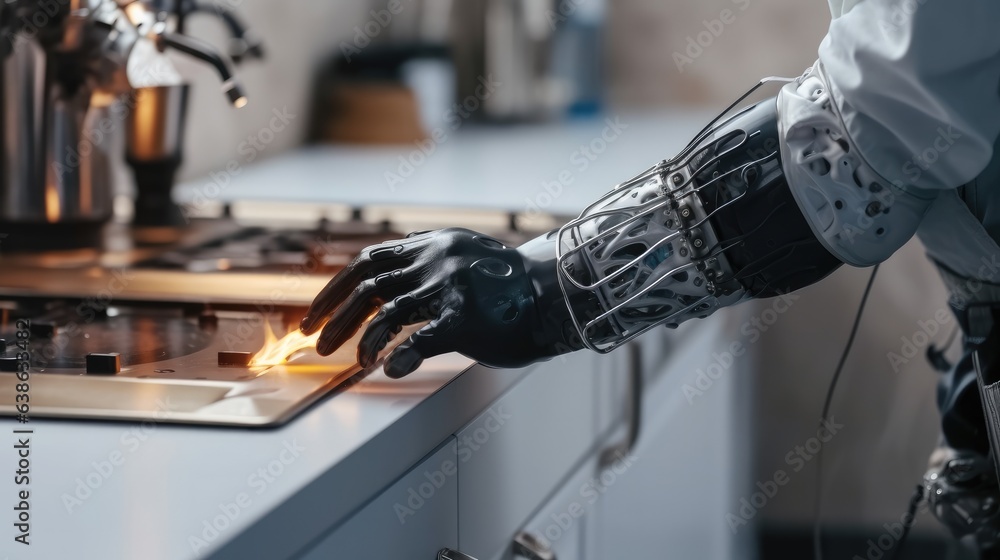 Person with disability with bionic prosthetic arm adjust temperature on ...