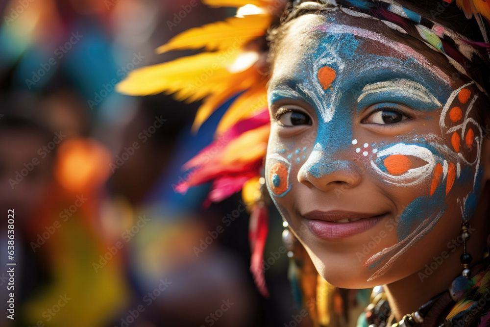 Close-up of a child's face painted with traditional patterns during a ...