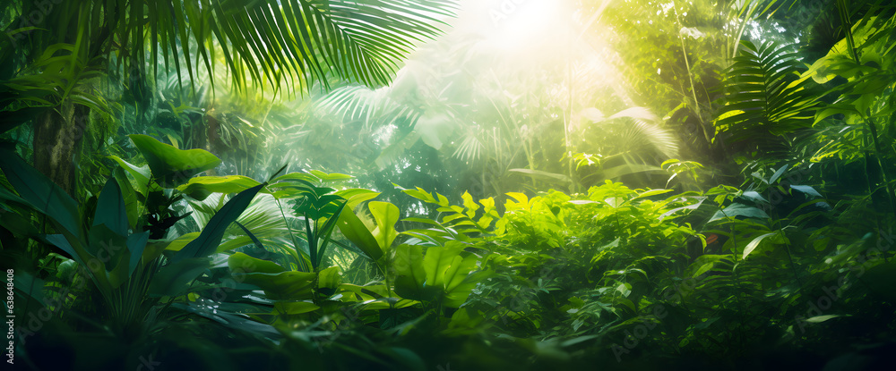 tropical forest in the morning, Jungle scenery with beautiful trees and ...