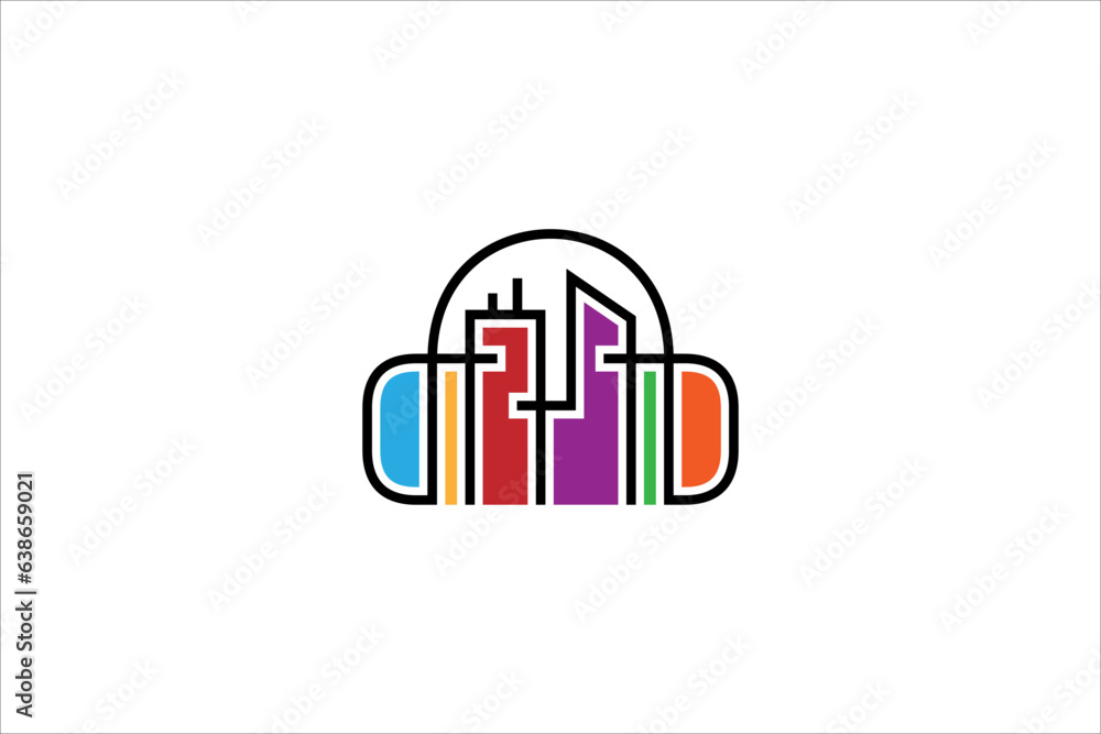 music city logo design with headset shape and colorful city buildings ...