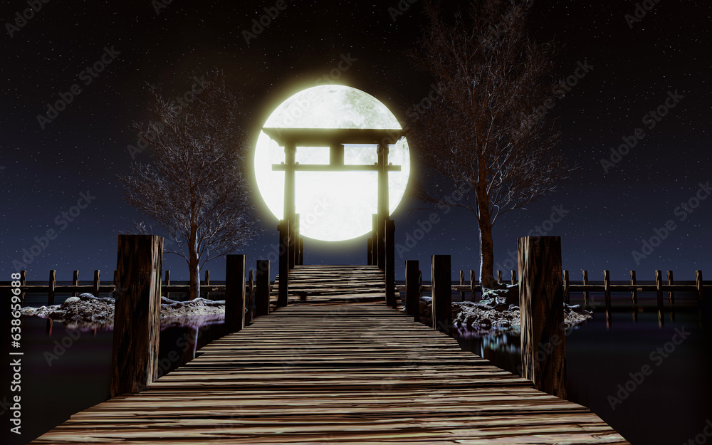 The full moon at night was full of stars and a faint mist. A wooden ...