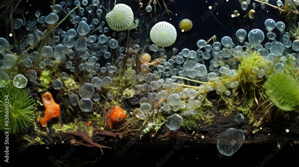 Macro image of a microbe niche shows a complex rainforest habitat. The ...