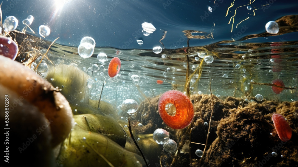 This macro image shows a bacterial habitat that is mostly submerged in ...