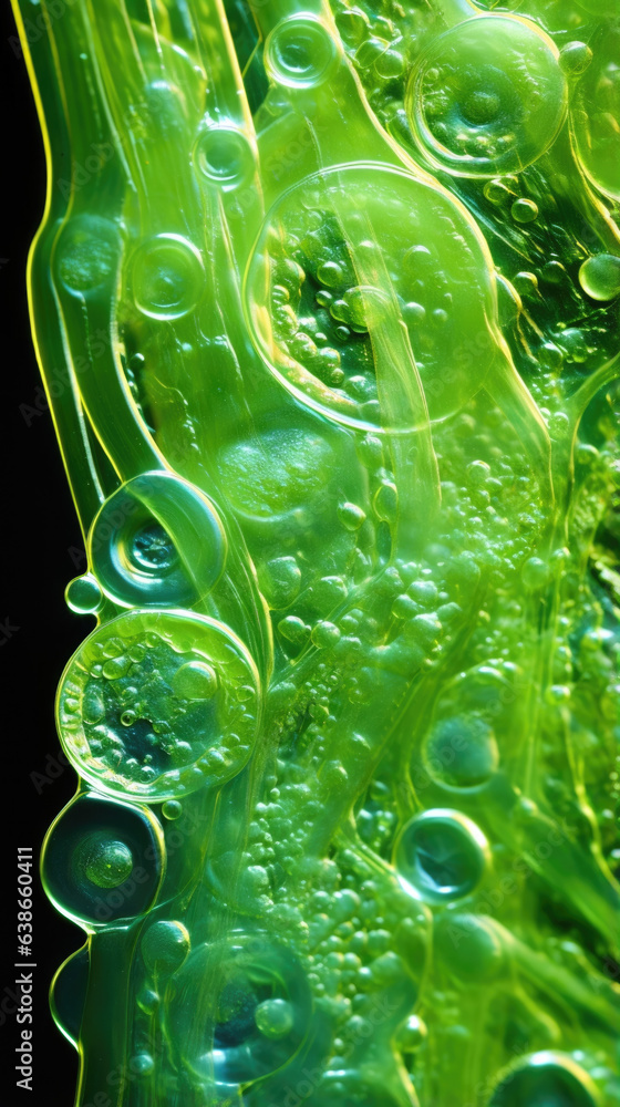 Under a microscope a microscopic algal cell is visible as a ...