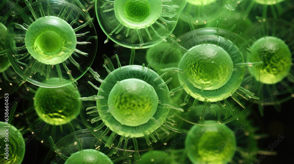 This macro image shows a collection of microscopic algae cells that are ...