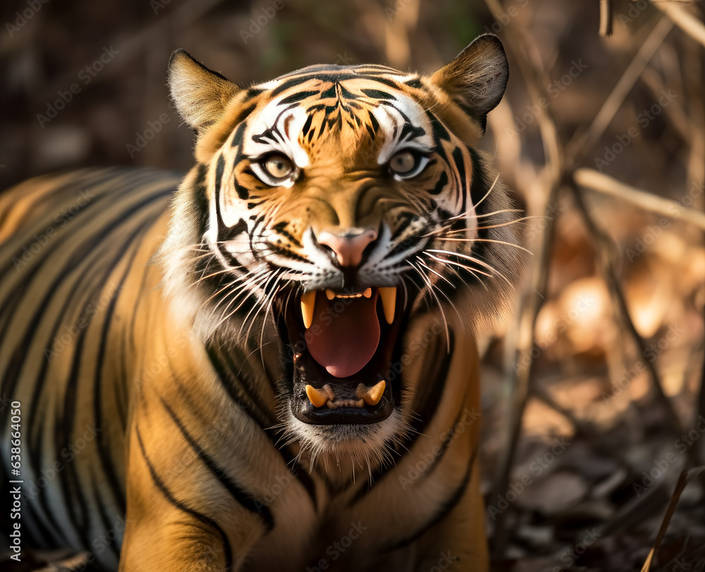A tiger roaring with its jaw wide open. Tiger with its tongue out looking in the wild, an angry ...
