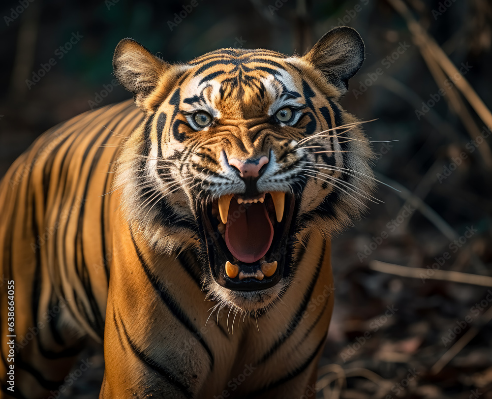 A tiger roaring with its jaw wide open. Tiger with its tongue out ...