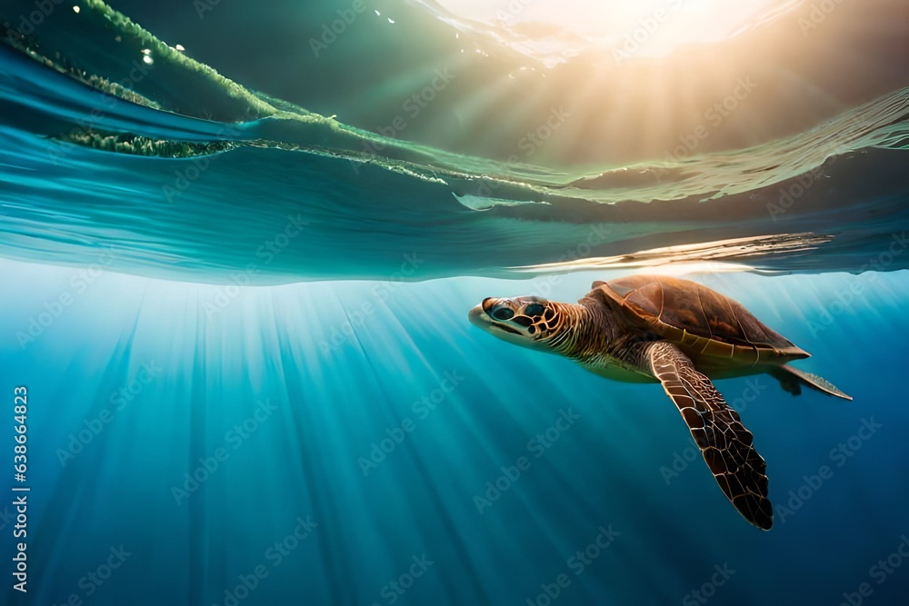 underwater photo of a turtle swimming in tropical sea water, underwater ...
