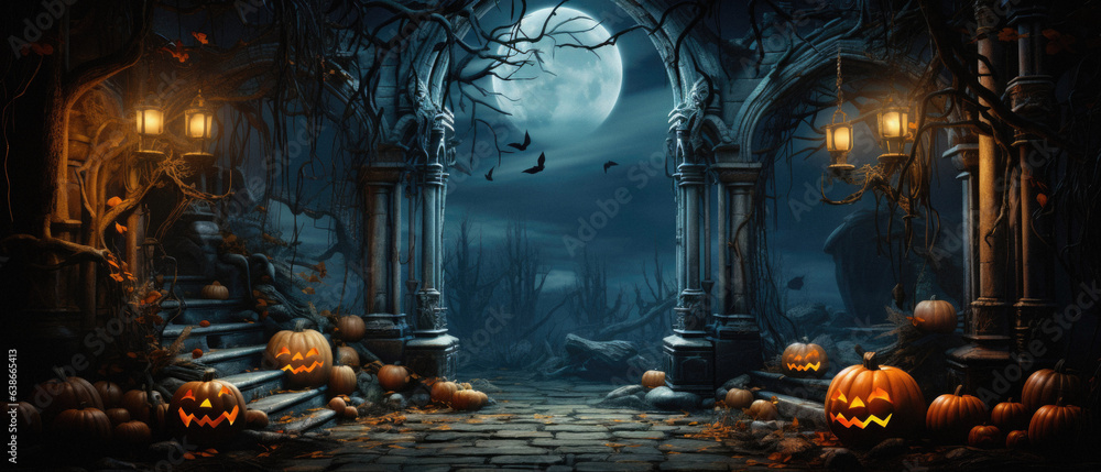 Halloween spooky background, scary pumpkins in old big creepy Happy ...