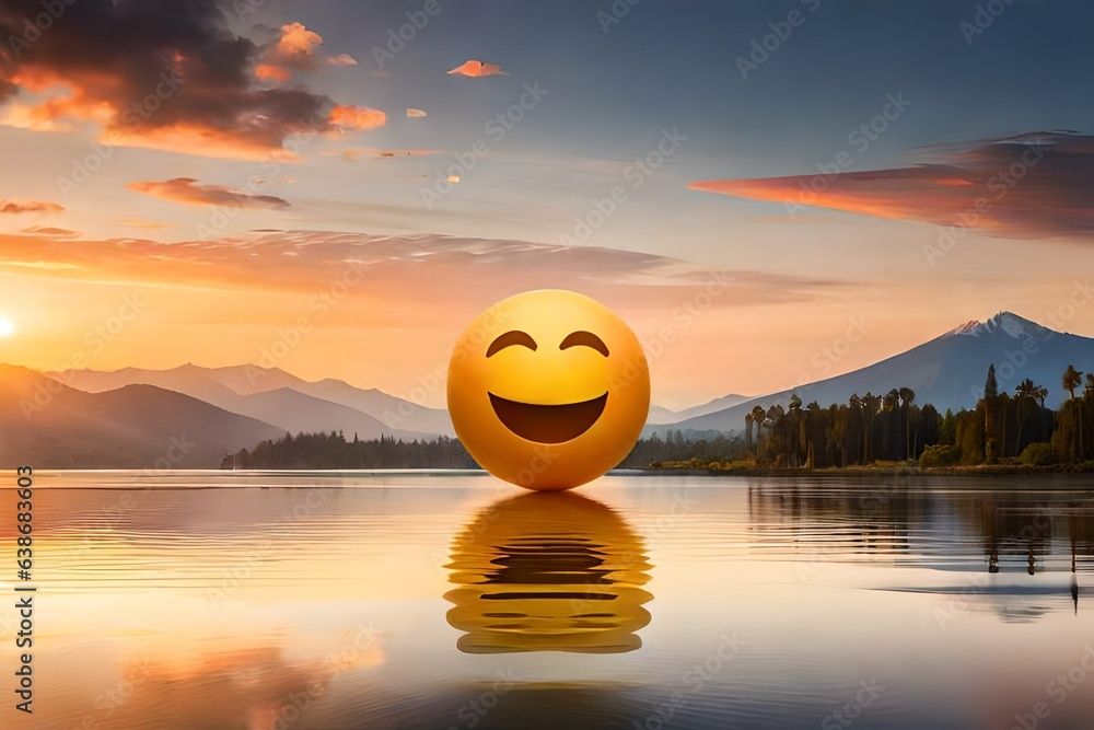 A calming beach view having dim dusk light with a big emoji smiling ...