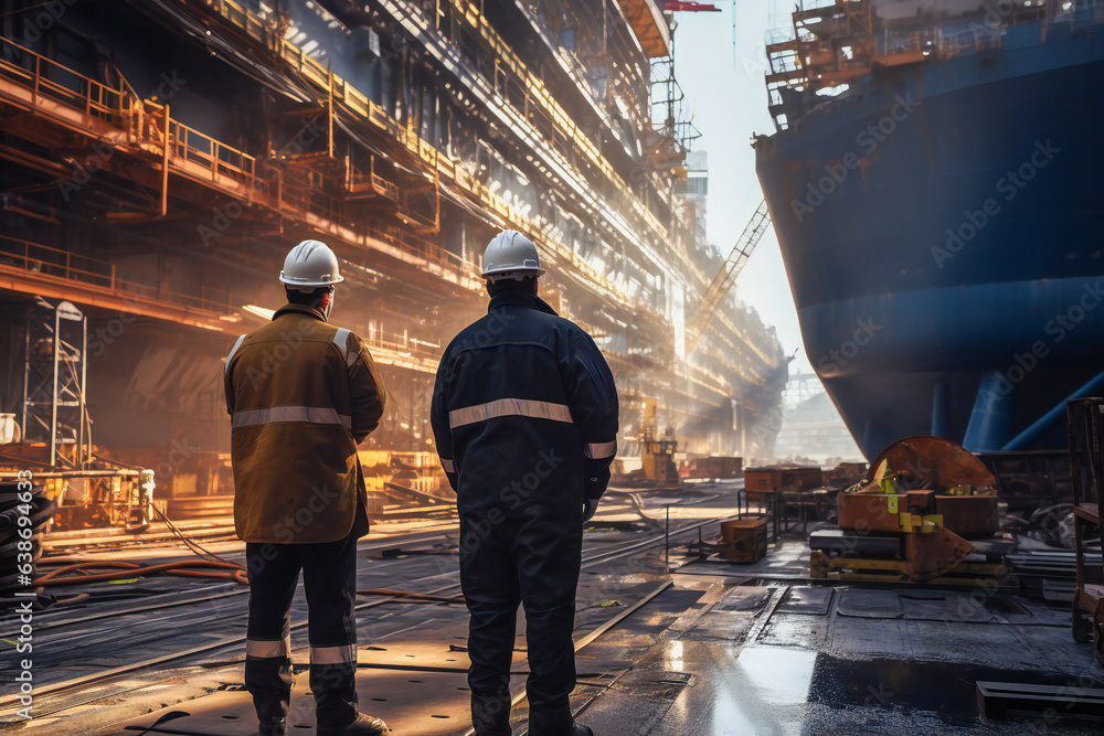 Big ship under construction in shipyard with shipyard workers around ...