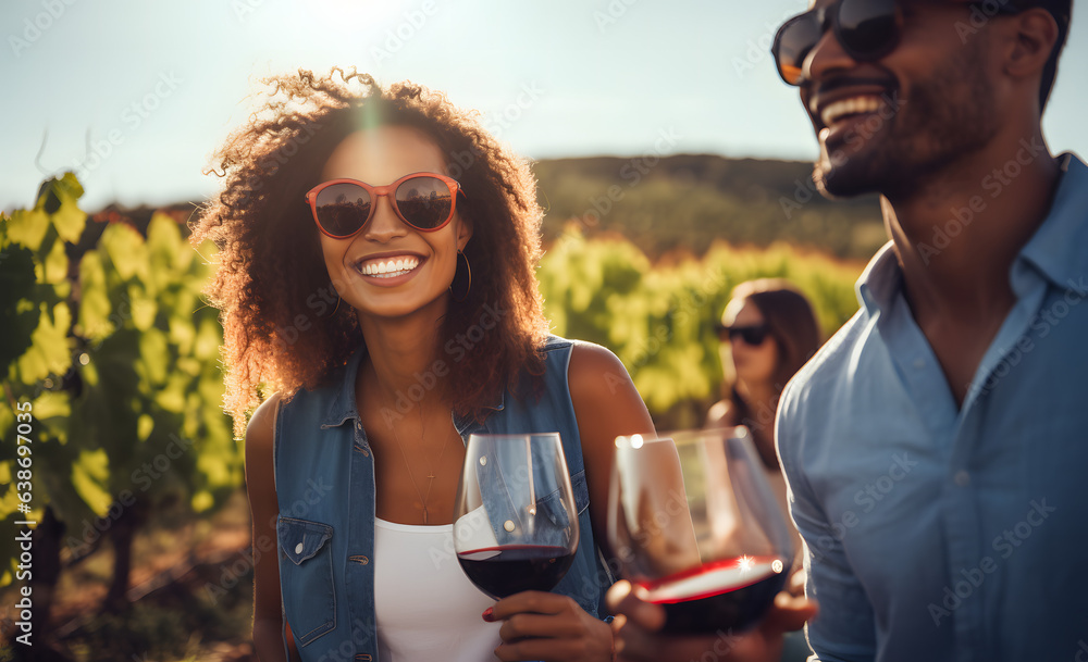 Sunglasses and Sips: Friends Enjoying Red Wine at Vineyard, Enchanting ...