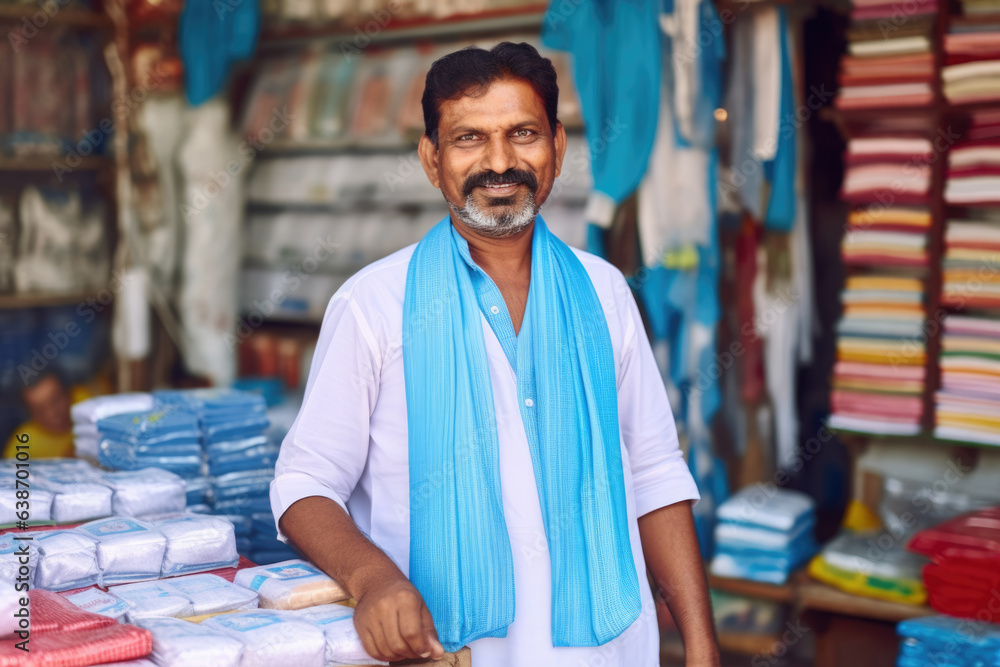 Indian man elegantly adorned in a blue sari, showcasing cultural ...
