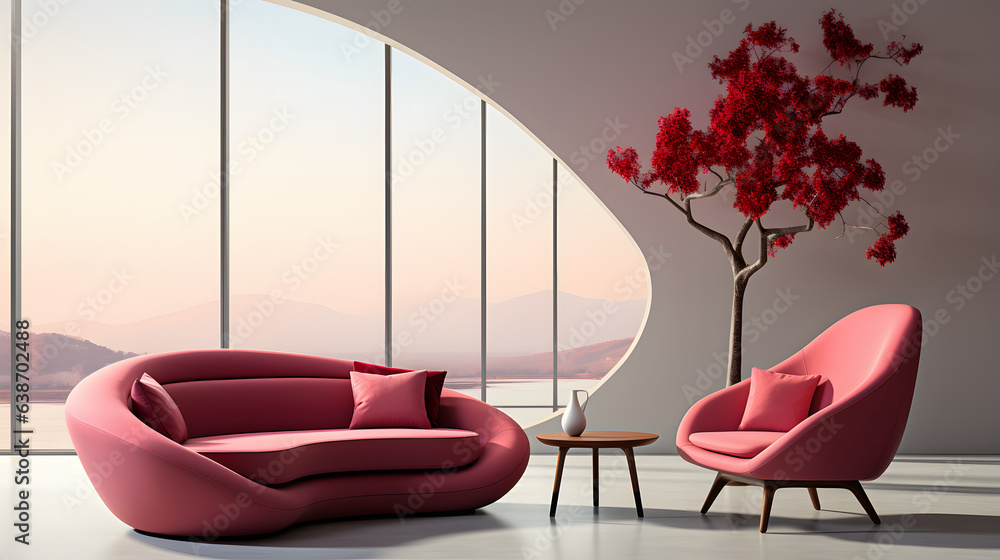 Red curved sofa and armchair near round coffee table against of white ...