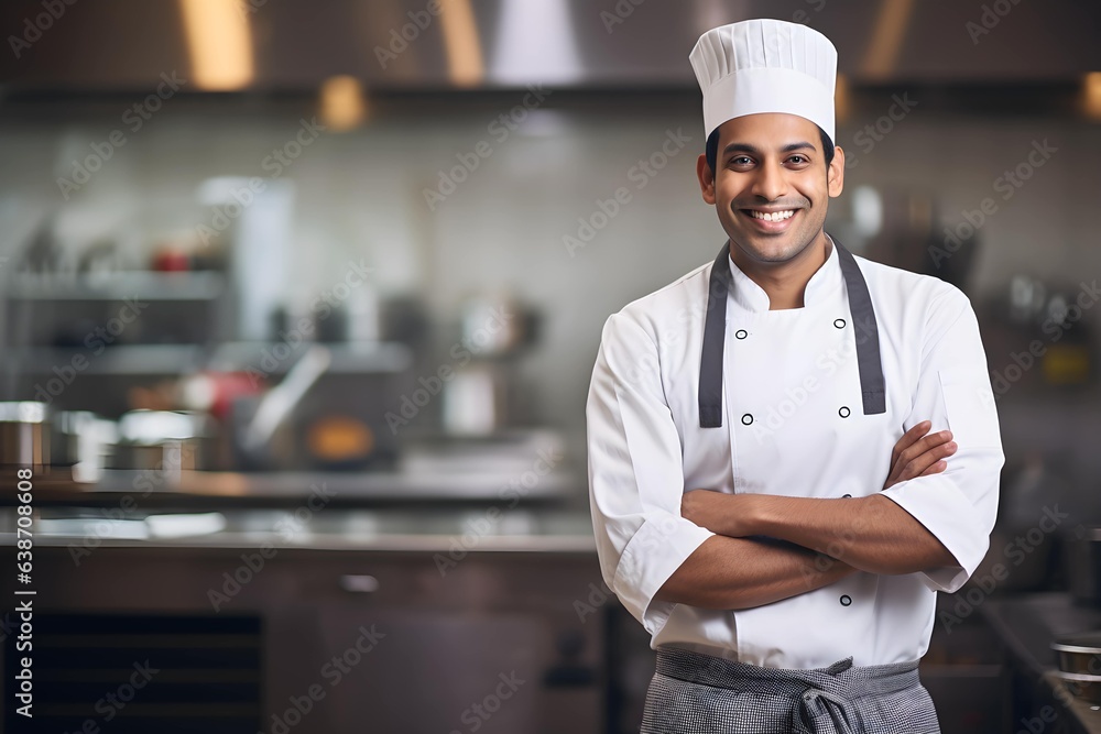 Smiling Indian male chef with a white apron and a toque in a restaurant ...