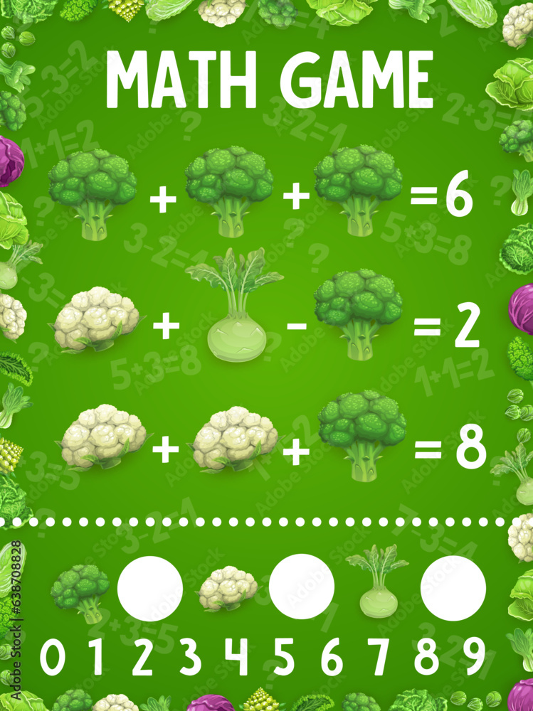 Math game worksheet, cartoon broccoli, kohlrabi and cauliflower cabbage ...