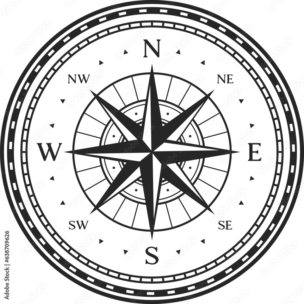 Old compass. Vintage map wind rose. Sea sailing direction, nautical ...