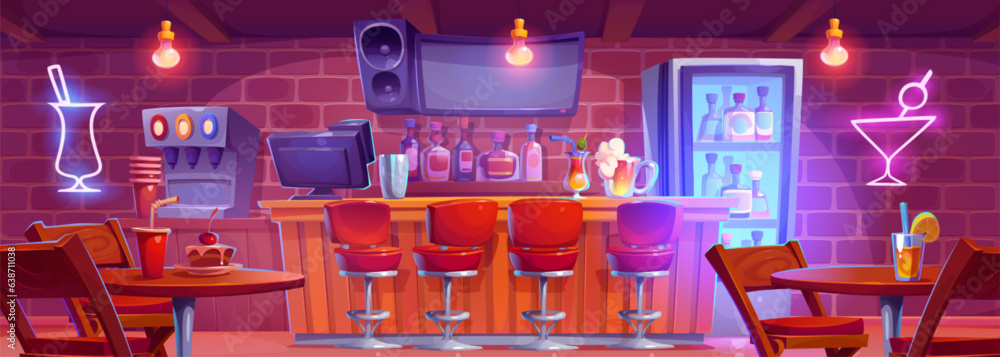 Bar counter interior vector cartoon illustration. Beer on pub table in ...