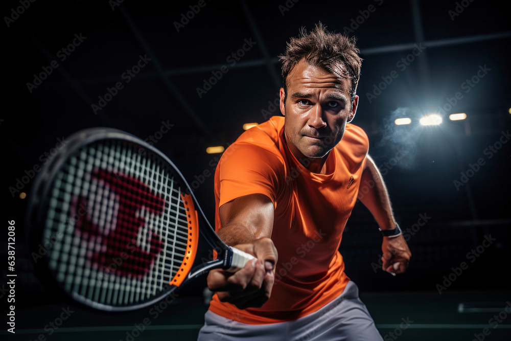 Action tennis player man with a tennis racket in tennis pose on chords ...