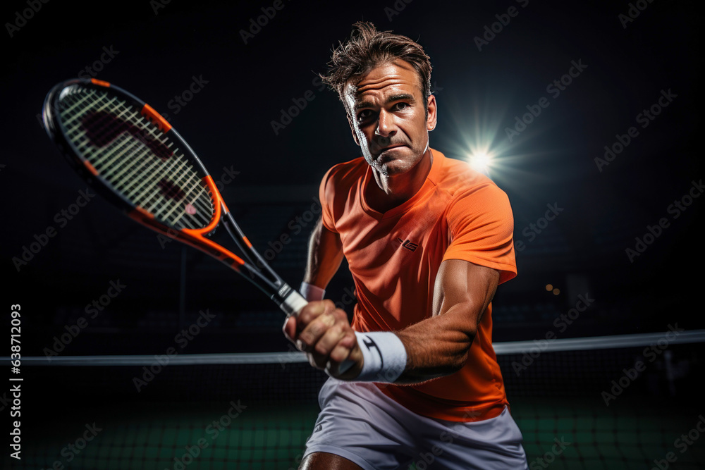Action tennis player man with a tennis racket in tennis pose on chords ...