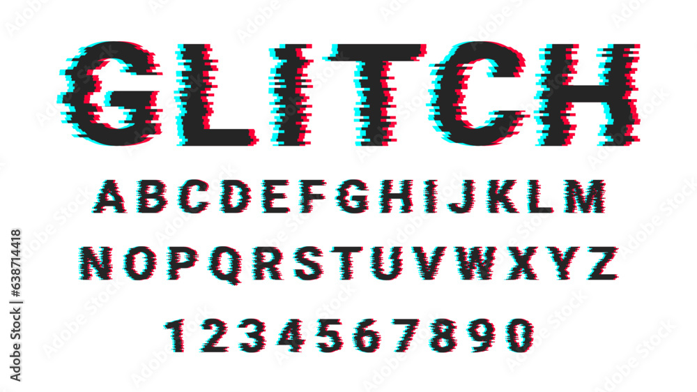 Glitch font with distorted effect on white background. Trendy style ...