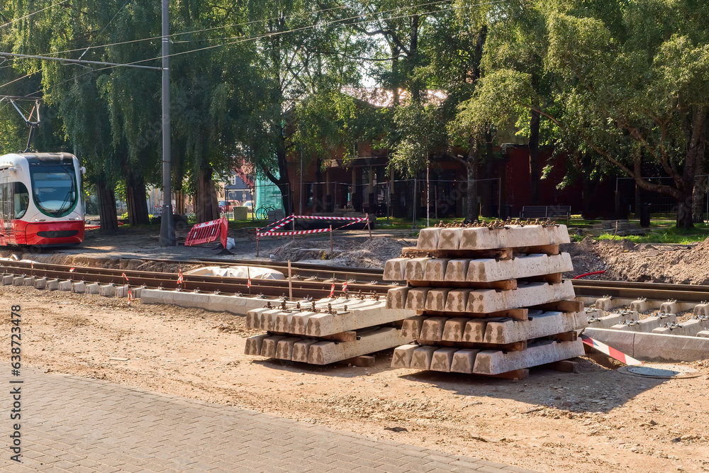 Installation of tram lines. Narrow gauge railway. Stock Photo | Adobe Stock