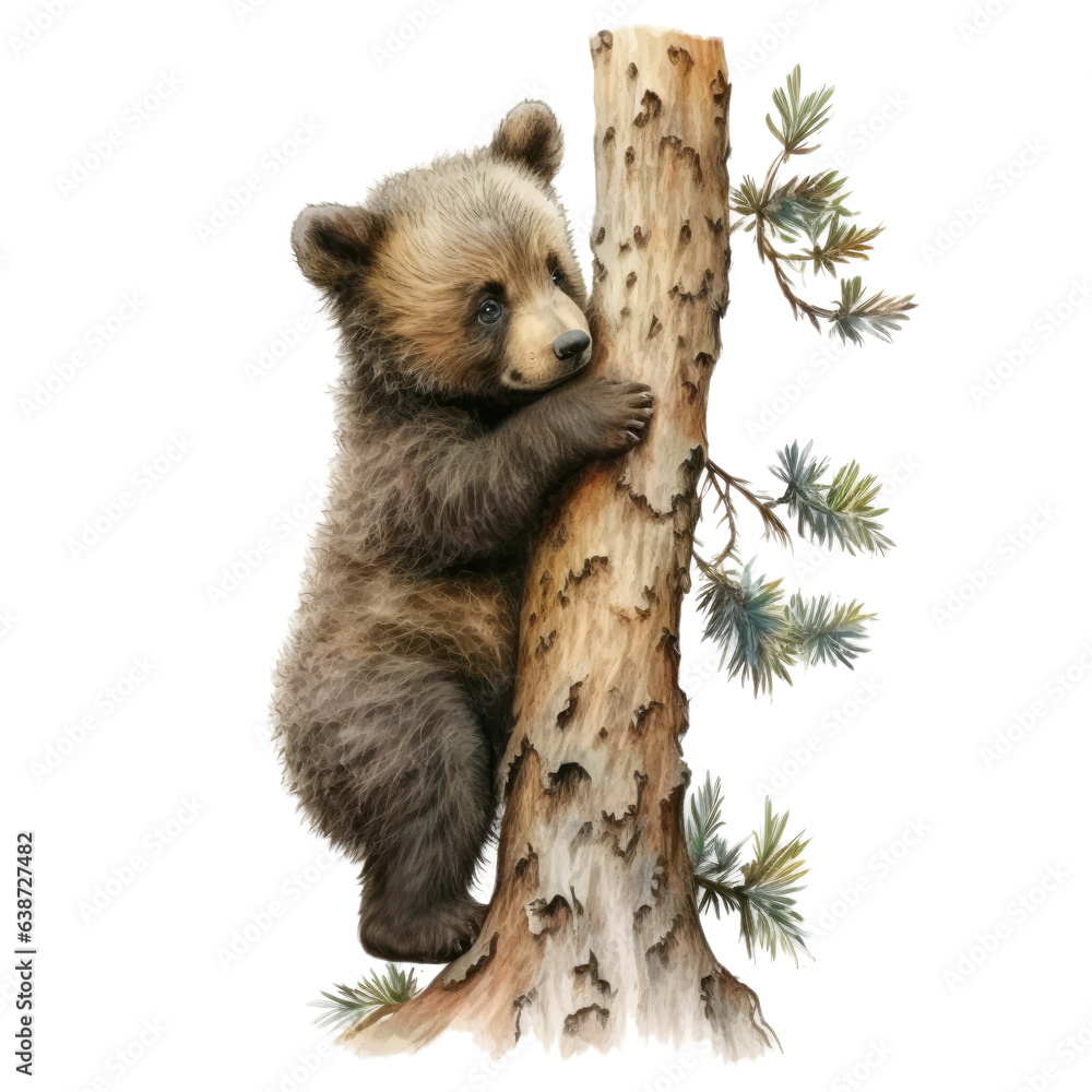 Baby bear climbing tree watercolor clipart. Generative AI illustration ...